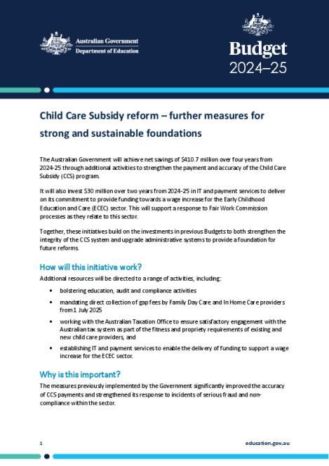 2024-25 Budget: Child Care Subsidy reform – further measures for strong and sustainable ...